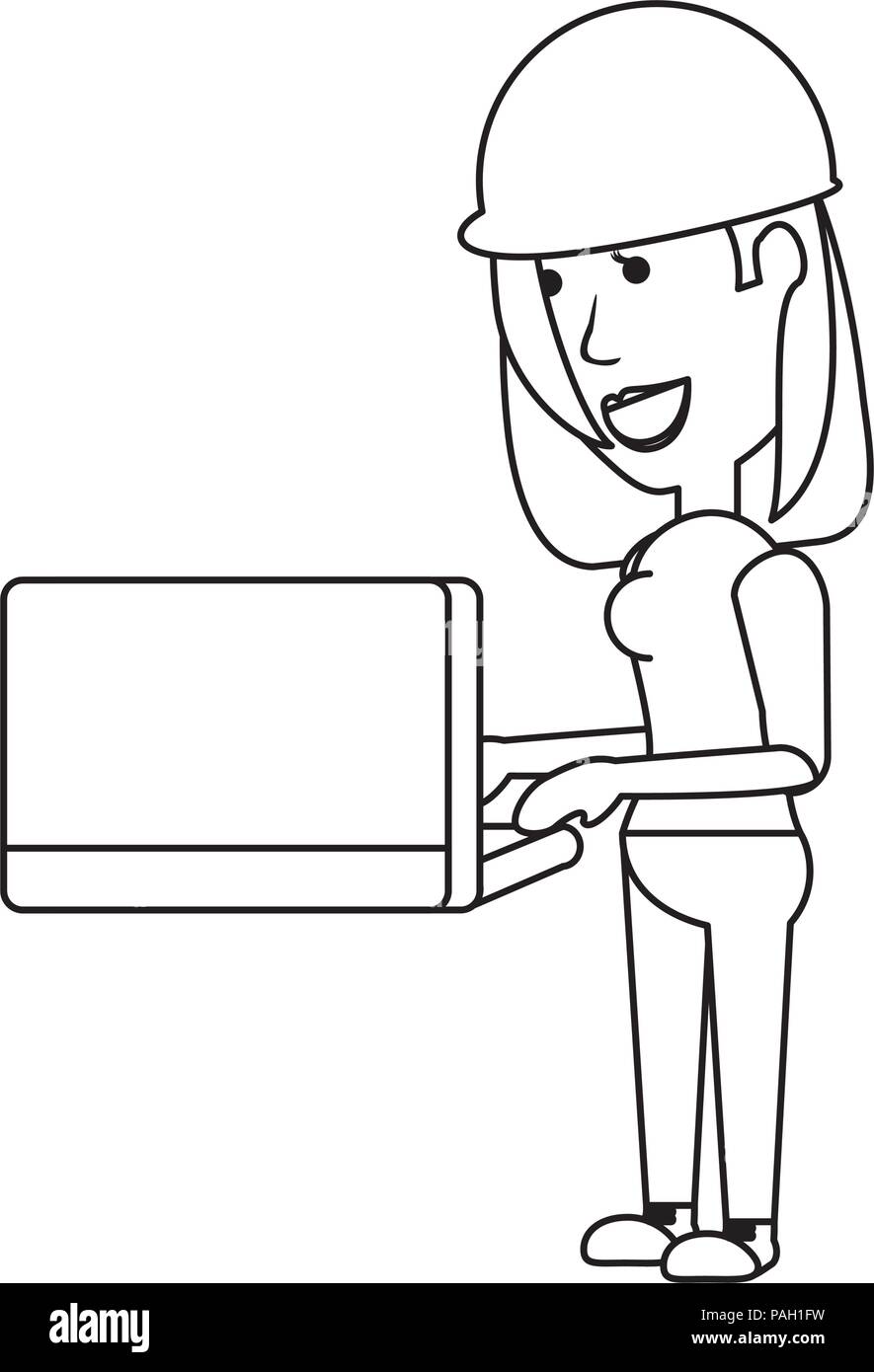cartoon woman with safety helmet and using a laptop computer icon over ...