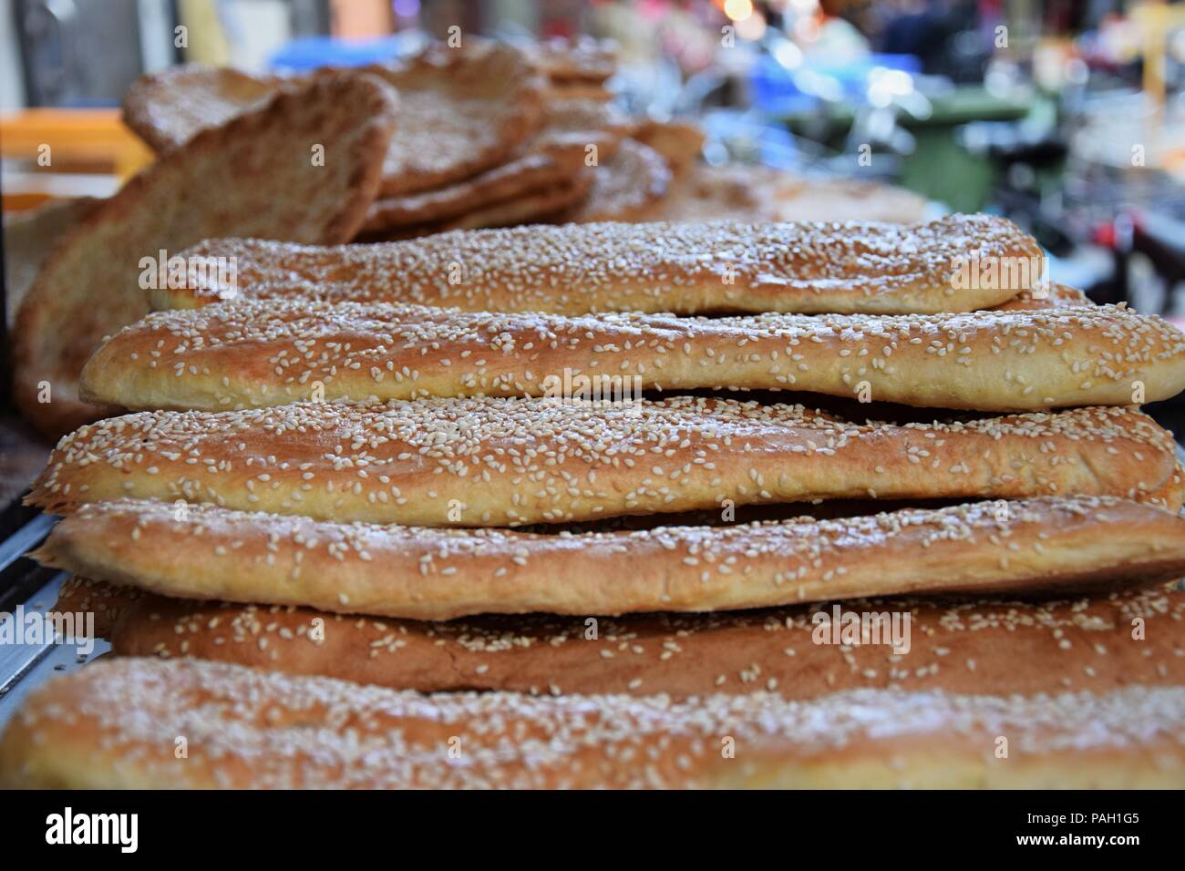 The uighur flat bread, in China known as nan, just baked and piled up ...