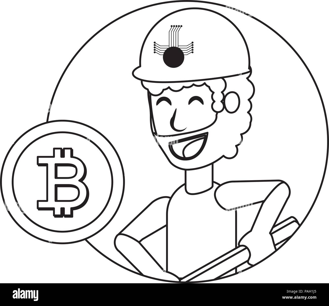 cryptocurrency mining design with cartoon man holding a pickaxe and ...