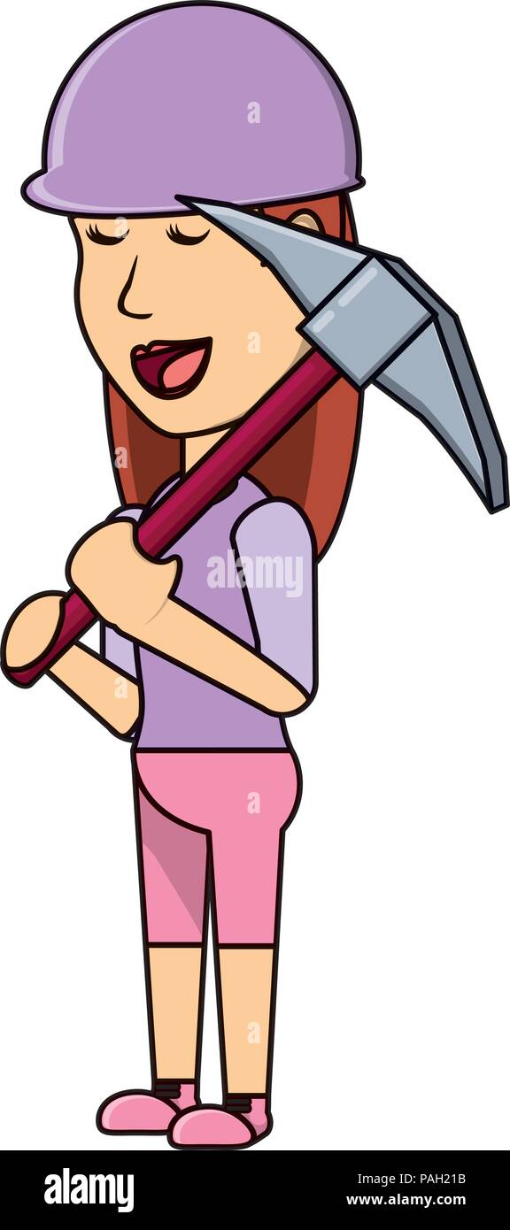 cartoon woman holding a pickaxe icon over white background, vector ...
