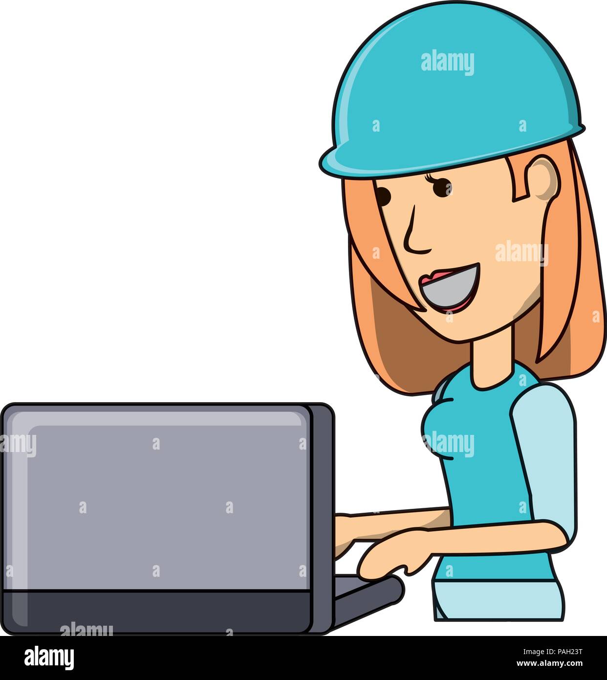 cartoon woman with safety helmet and using a laptop computer icon over ...