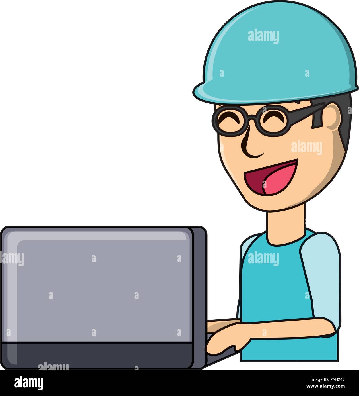 cartoon man with laptop computer icon over white background, vector ...