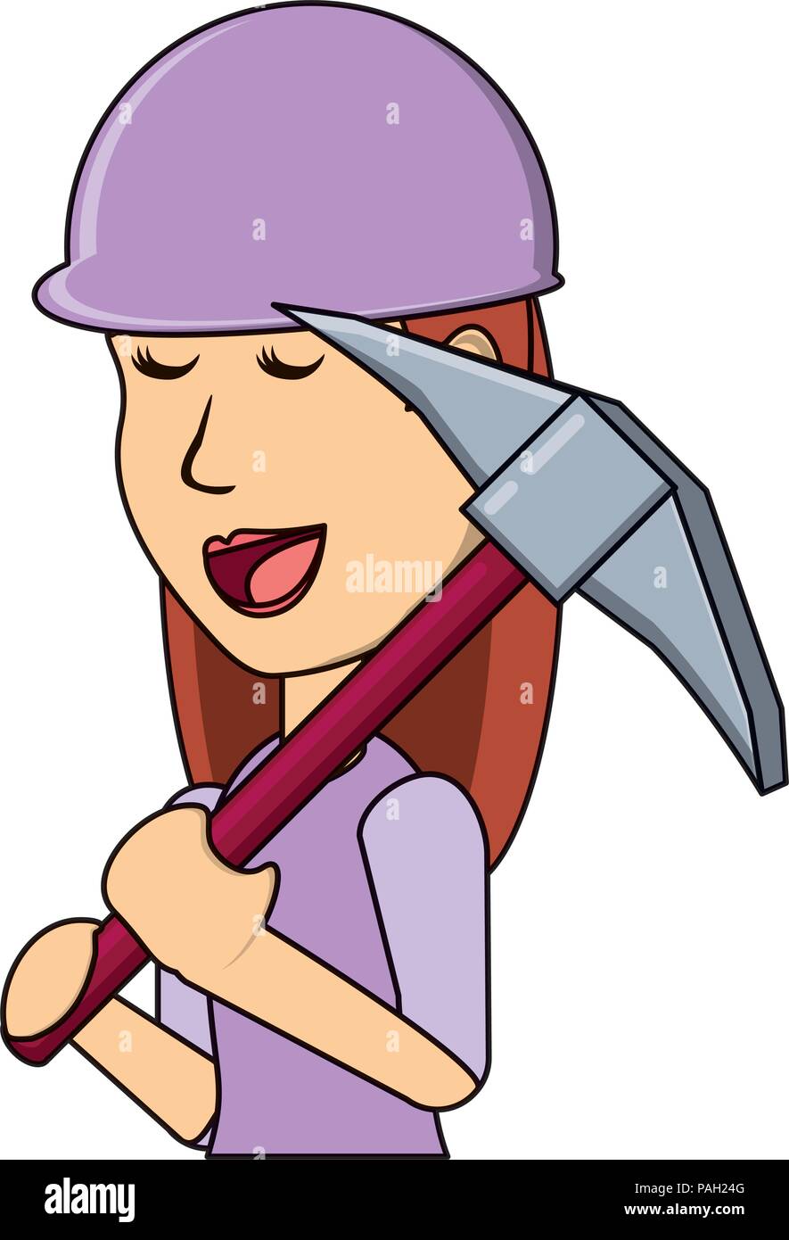 cartoon woman holding a pickaxe icon over white background, vector ...