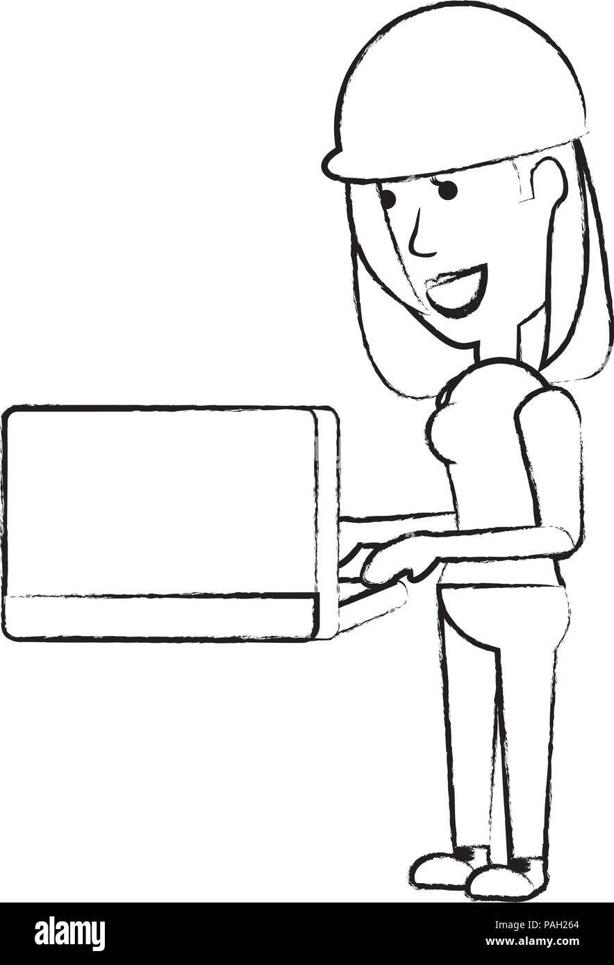 cartoon woman with safety helmet and using a laptop computer icon over ...