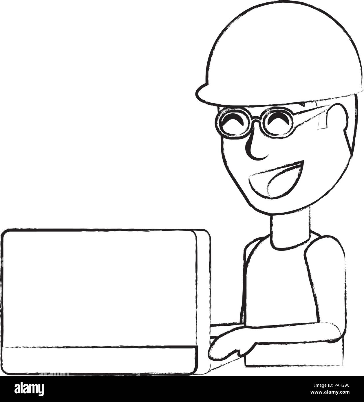 cartoon man with laptop computer icon over white background, vector ...