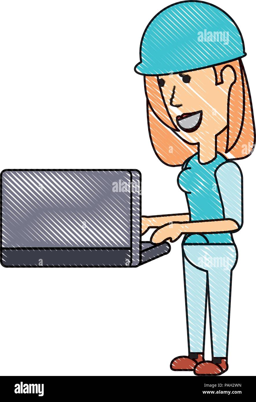 cartoon woman with safety helmet and using a laptop computer icon over ...