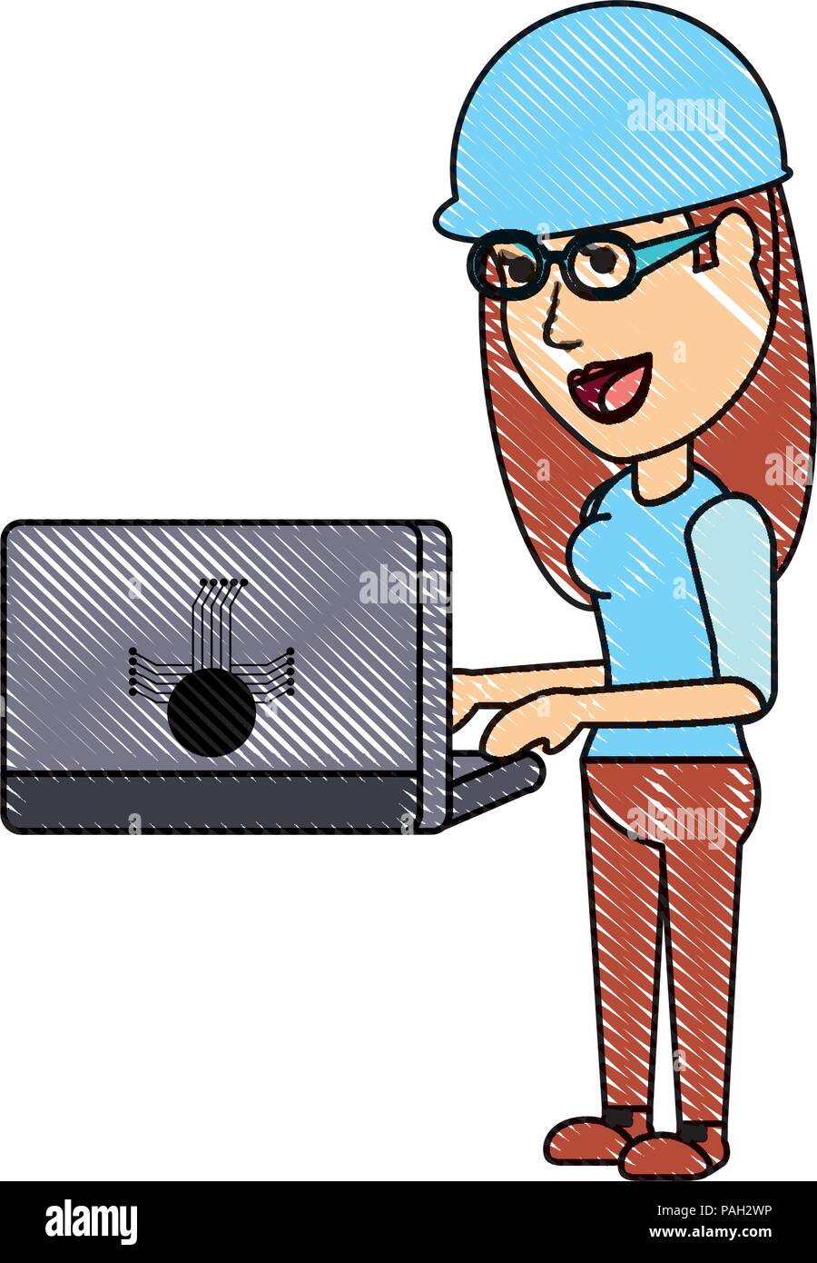 Cryptocurrency mining design with cartoon woman using a laptop computer ...