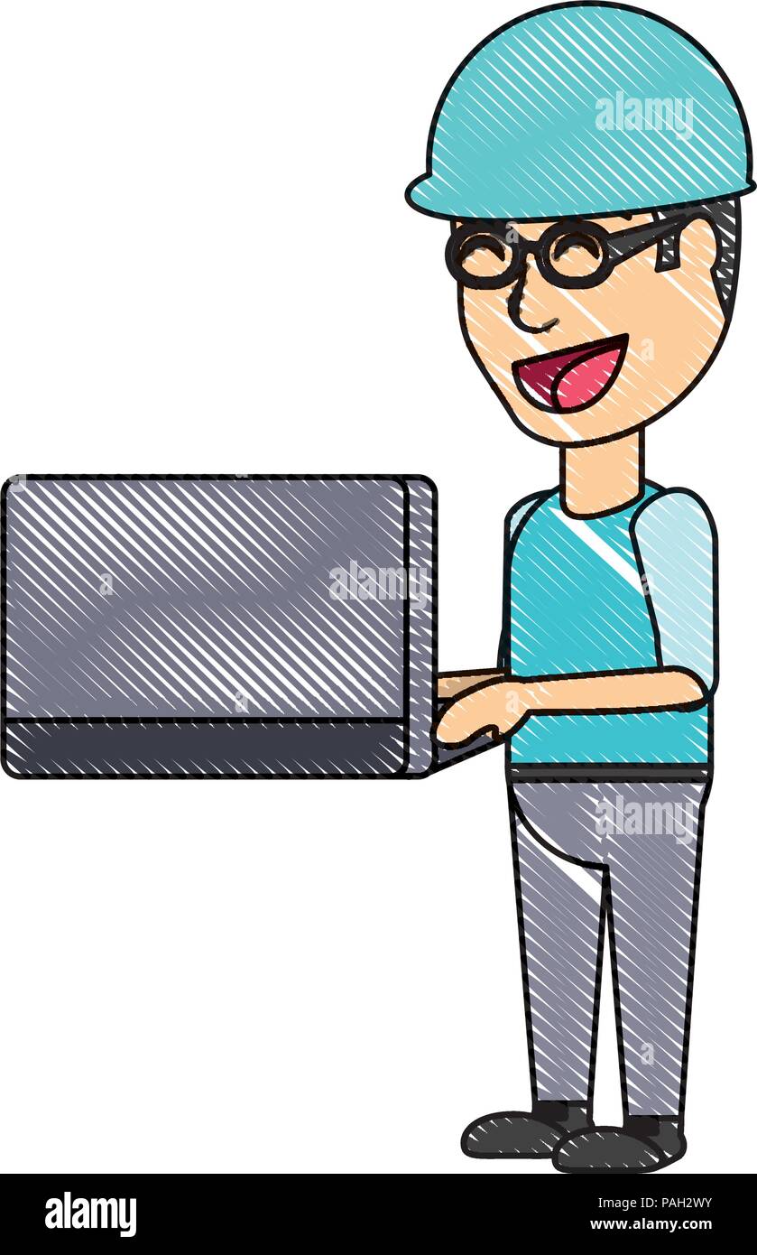 cartoon man with laptop computer icon over white background, vector ...