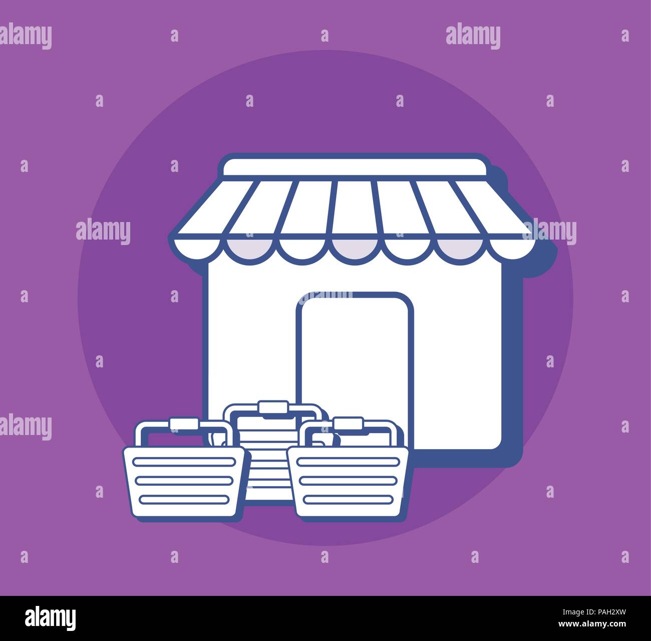 store and shopping baskets over purple background, colorful design ...
