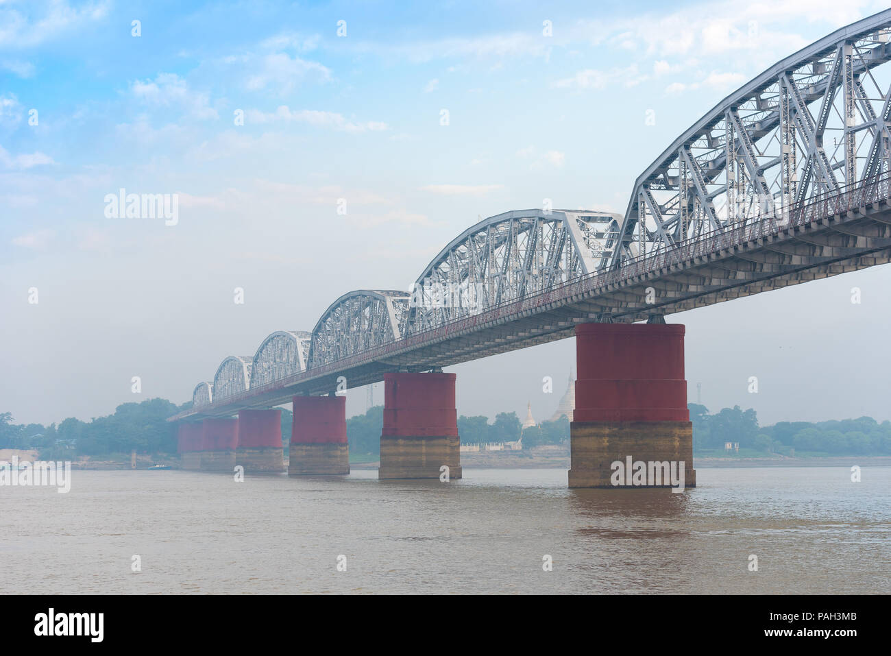 Steel bridge over the Irrawaddy river in Mandalay, Myanmar, Burma. Copy ...