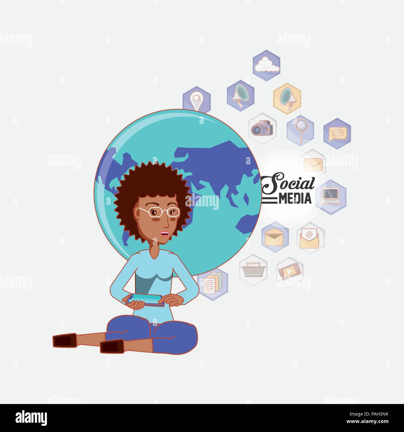 afro american woman sitting using phone world social media apps vector ...