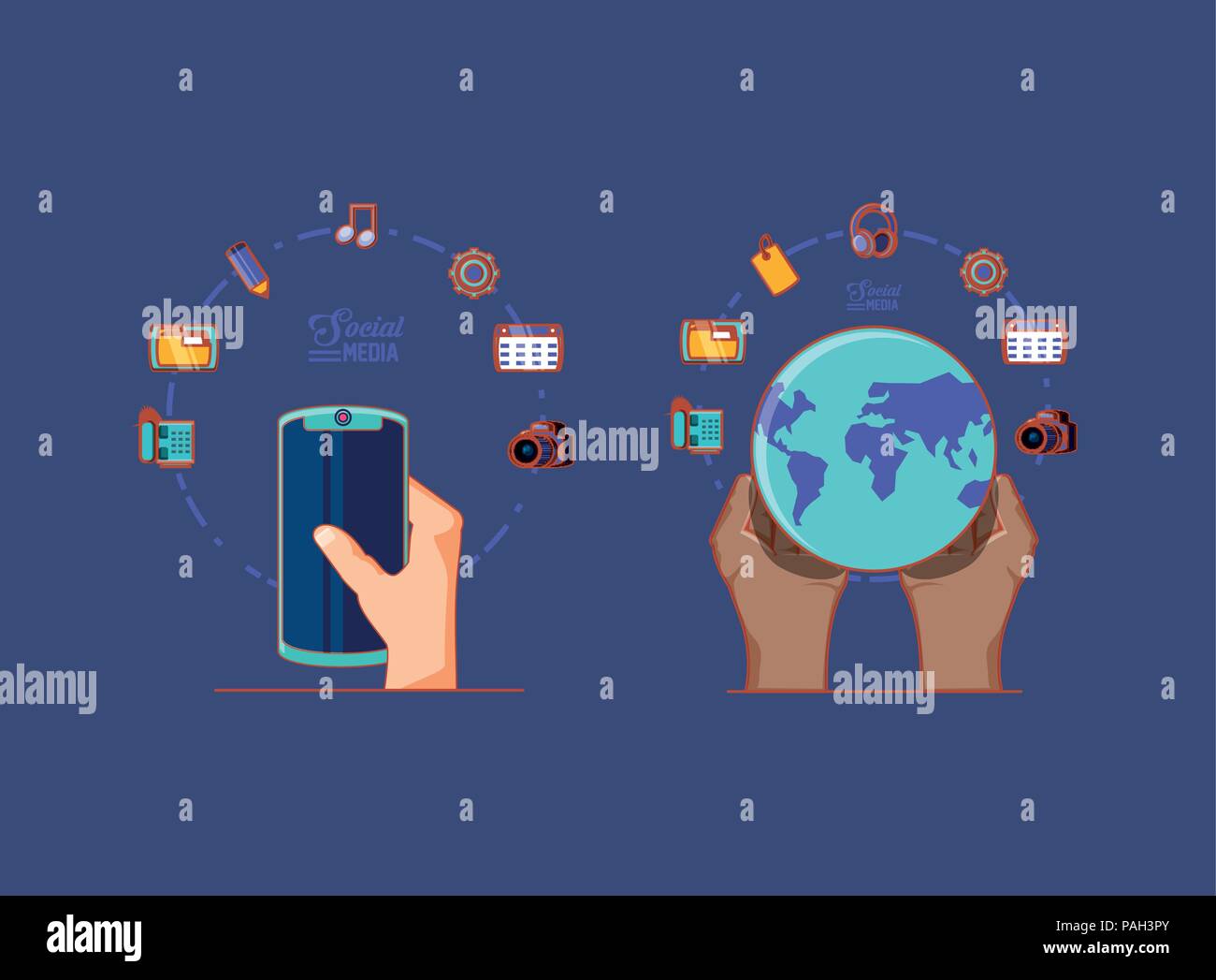 hands with world smartphone social media communication vector ...