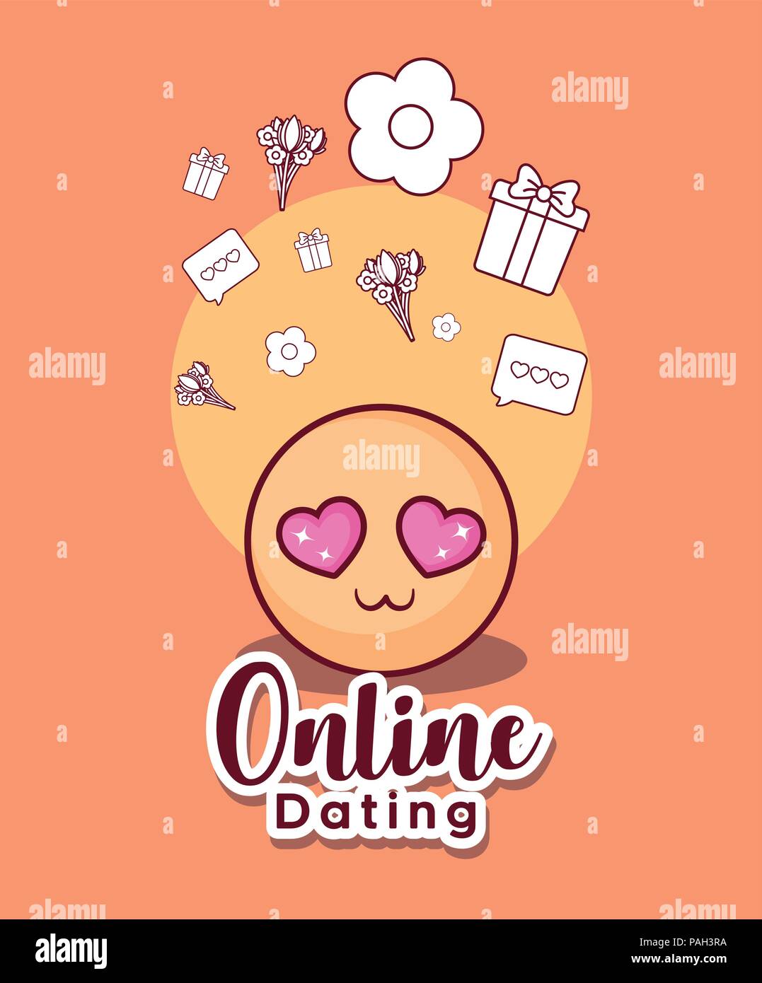 Online dating design with emoji and related icons over orange ...