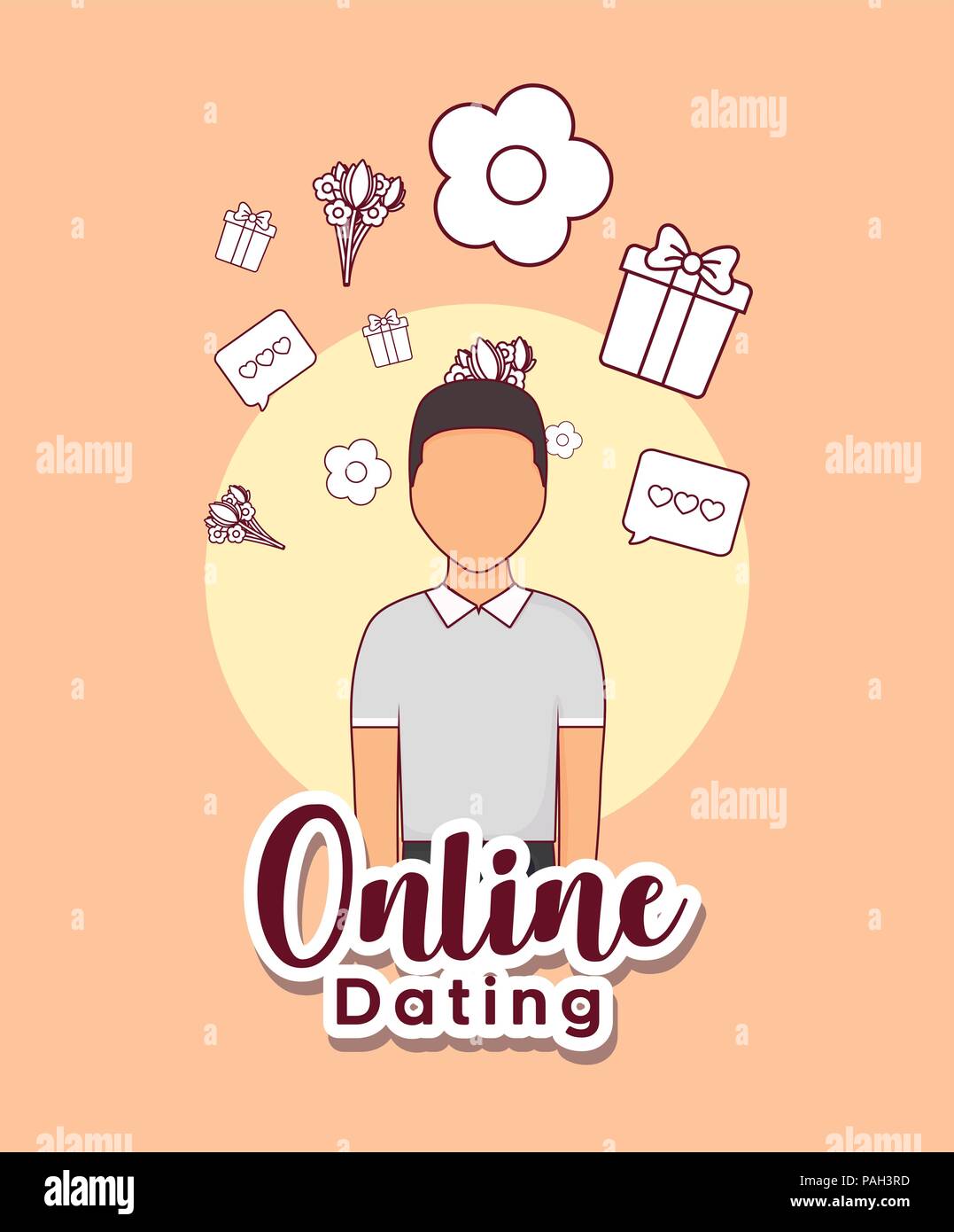 Online dating design with avatar man and related icons over orange ...