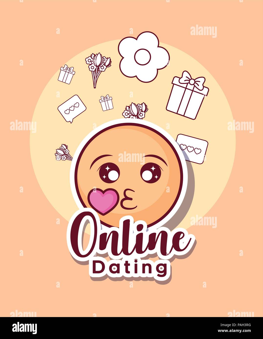 Online dating design with emoji and related icons over orange ...