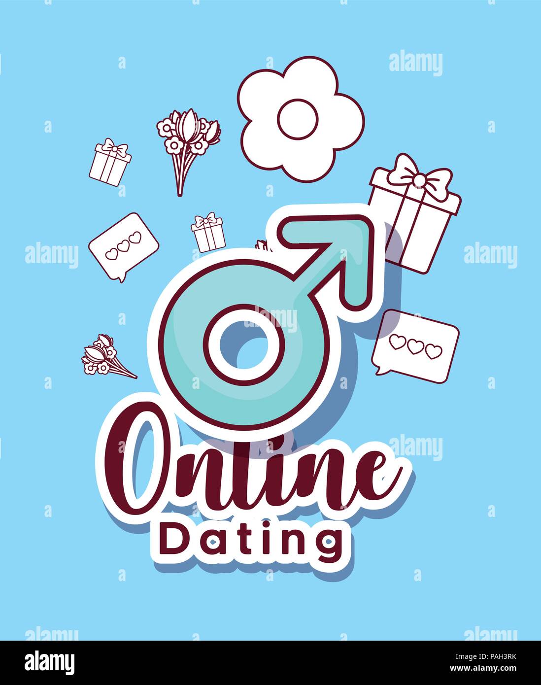 Online dating design with male symbol and related icons over blue ...