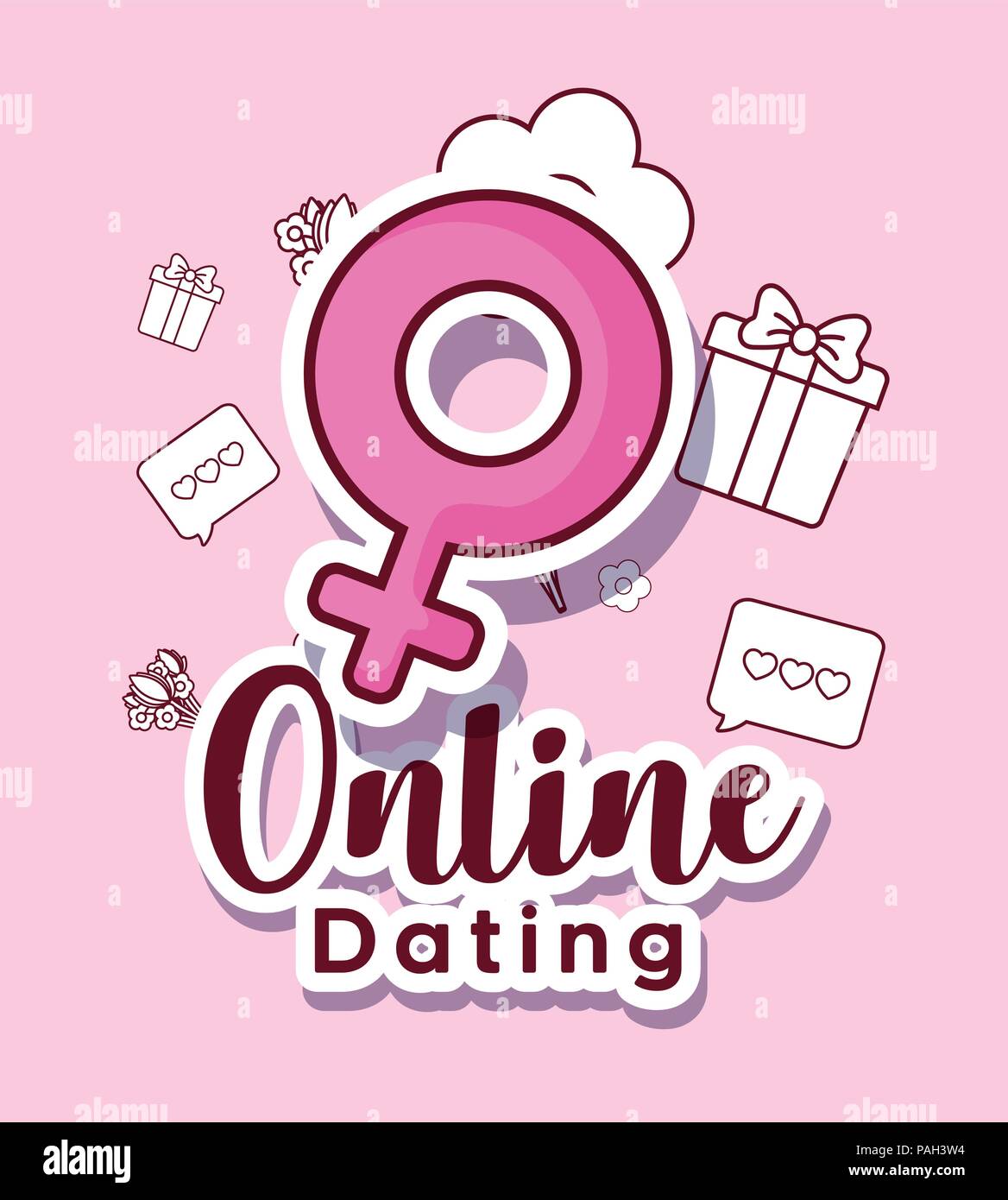 Online dating design with female symbol and related icons over pink ...