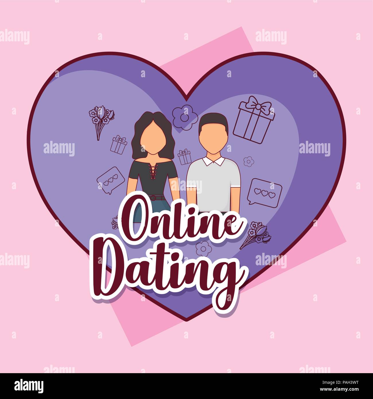 Online dating design with avatar couple and heart over pink background ...