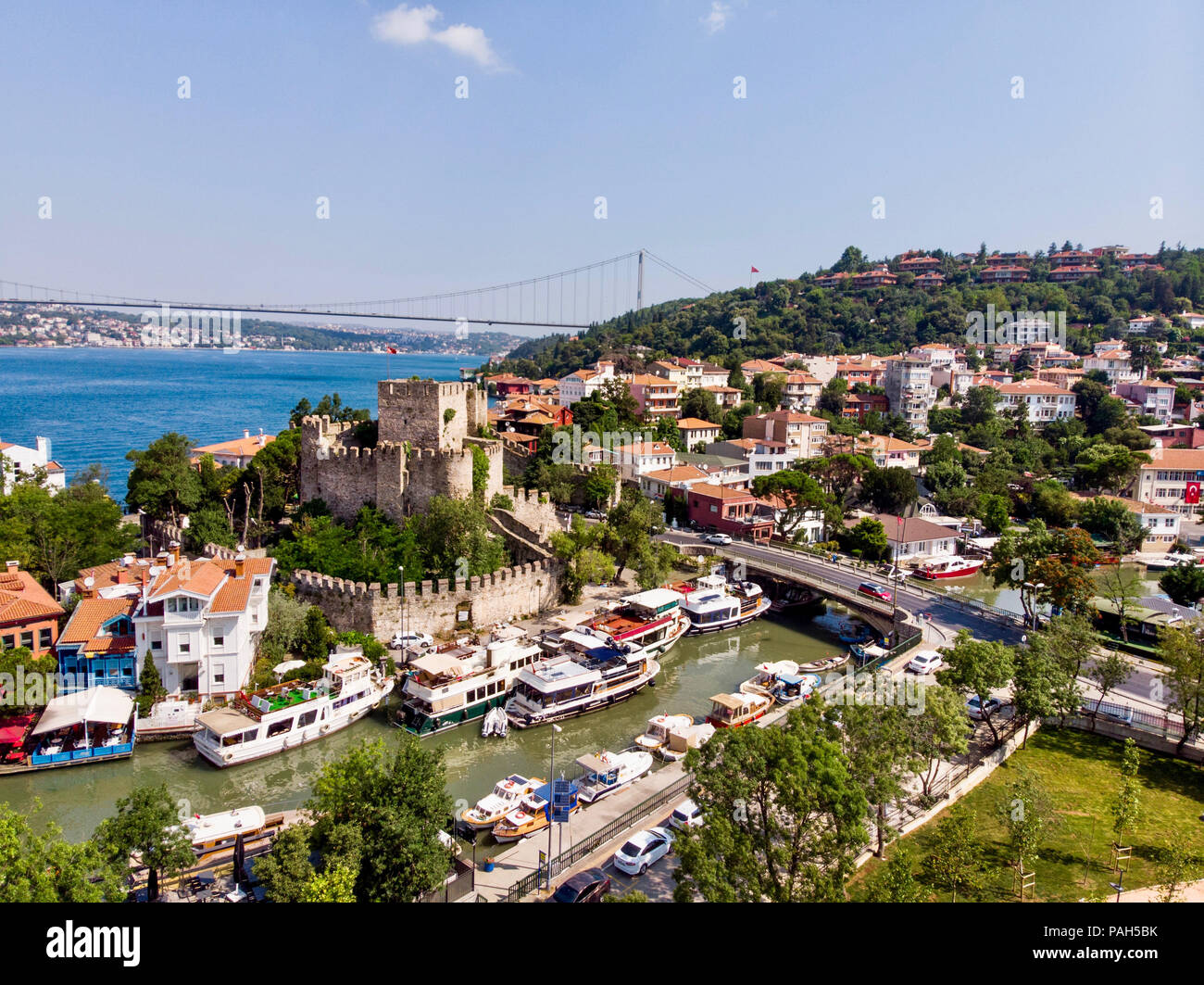 Aerial view of Anatolian Fortress in Istanbul Turkey / Anadolu Hisari ...