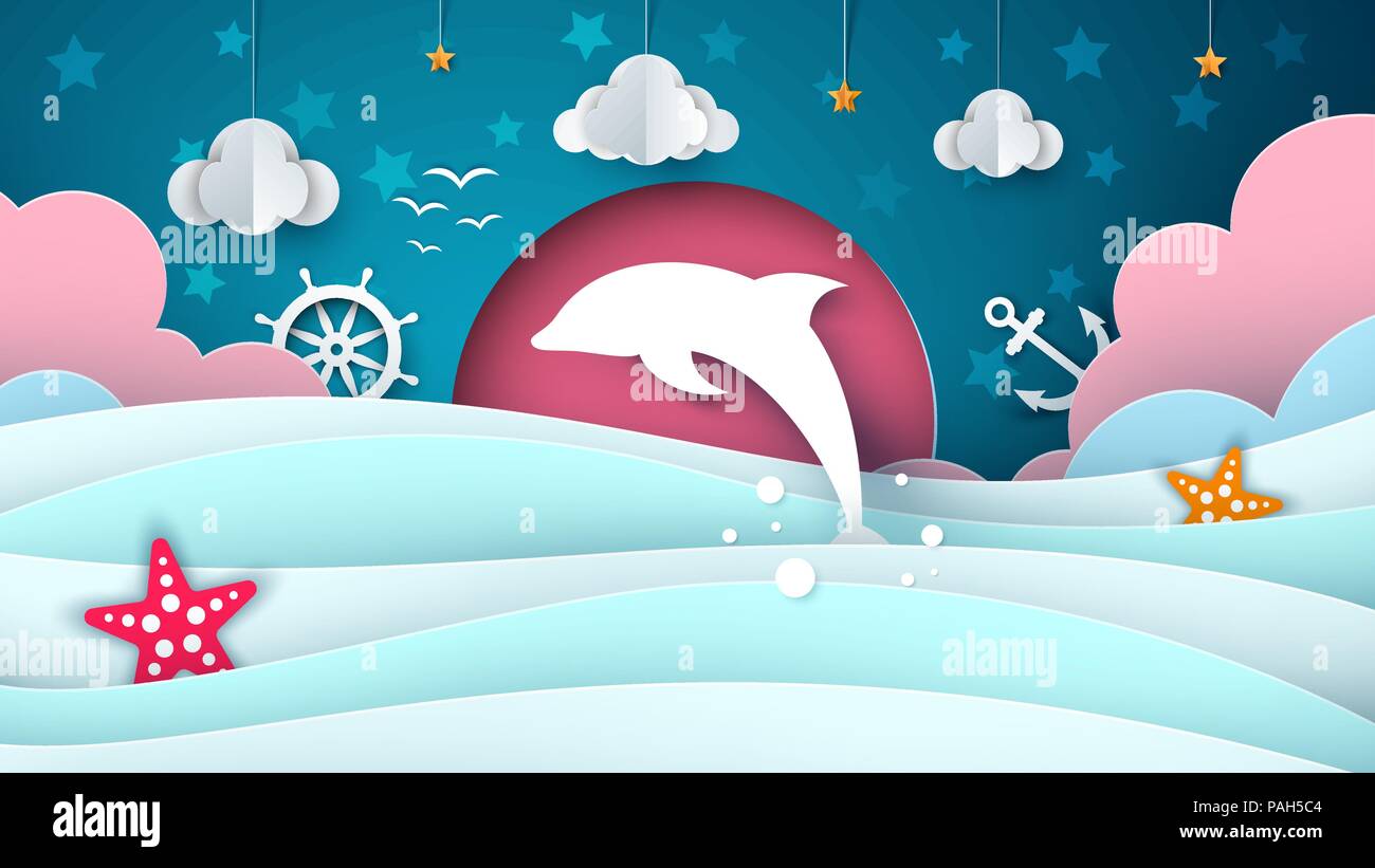 Cartoon sea illustration. Dolphin, cloud, star Stock Vector Image & Art ...