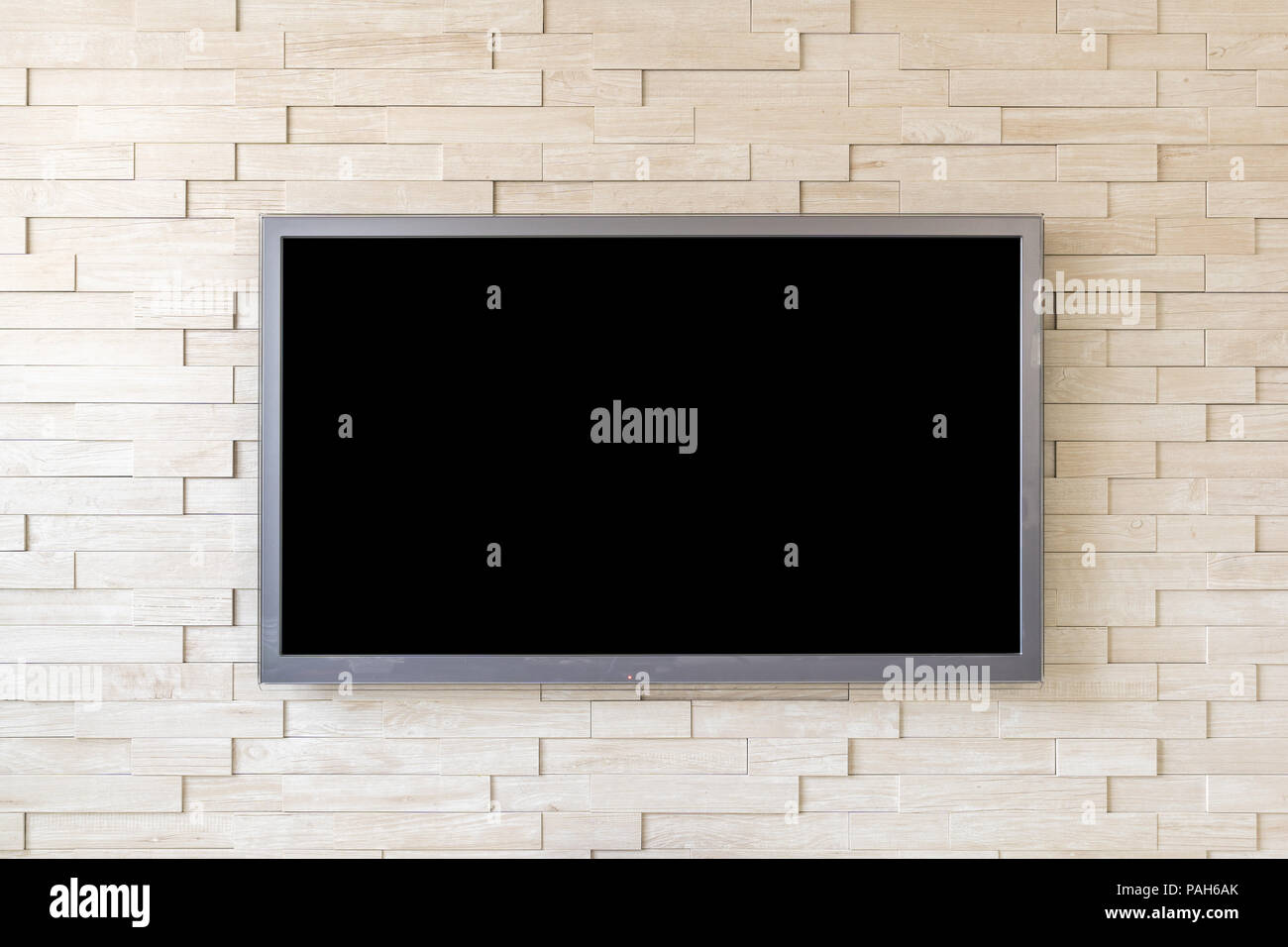 TV display on modern brick wall background with black screen Stock ...