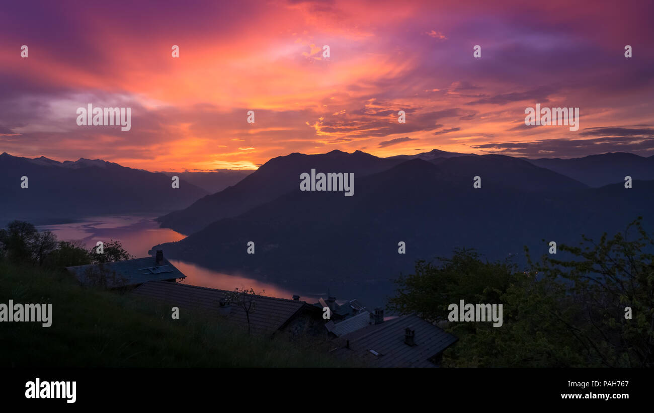 Pink sunset in the mountains, river canyon Stock Photo - Alamy