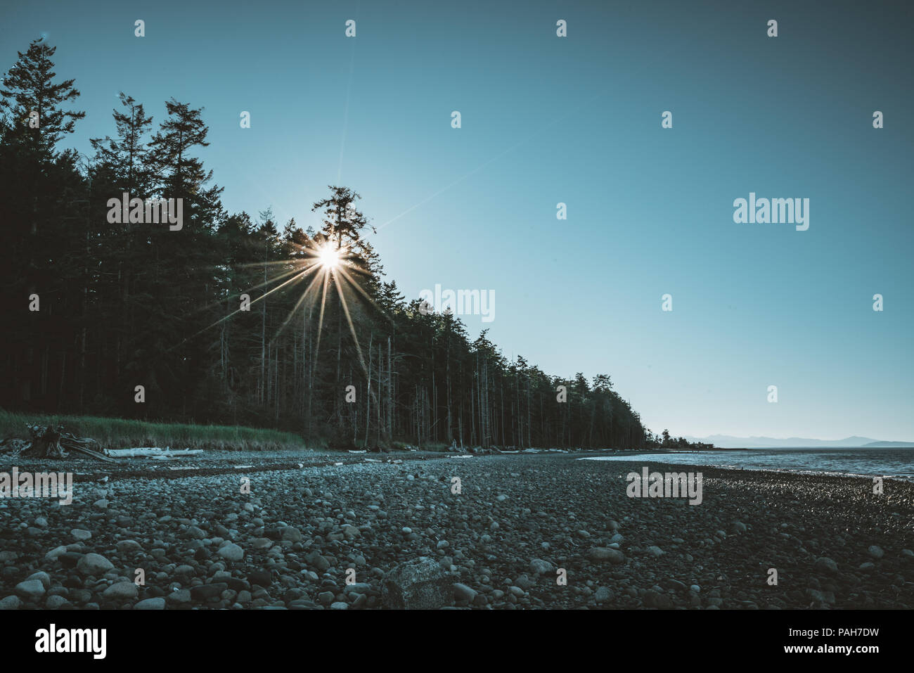 Vancouver Island beach view on a clear blue sky with sunstar and ...