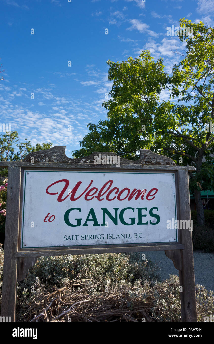 Salt Spring Island, British Columbia, Canada. Welcome to Ganges sign ...