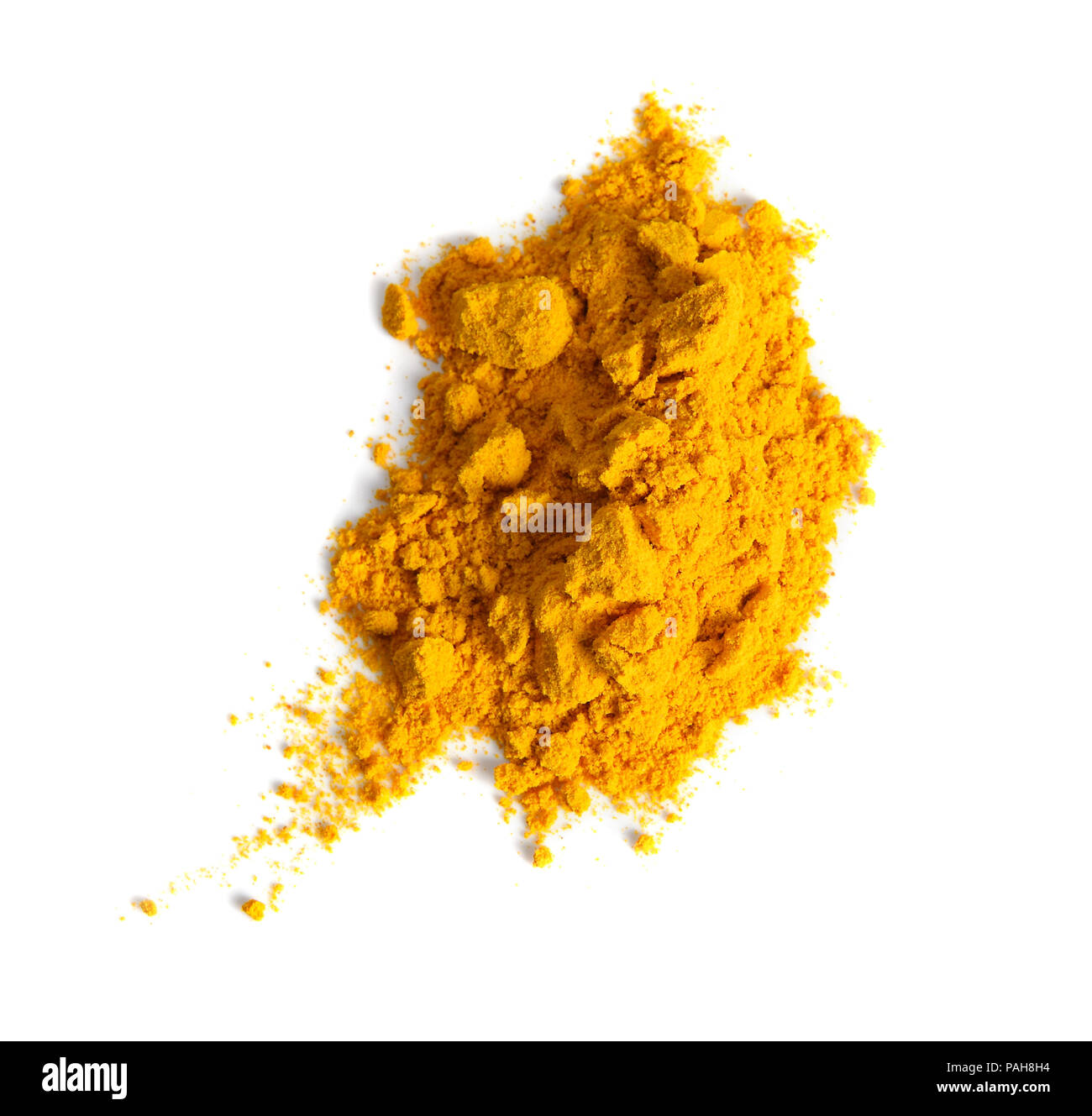 Turmeric (Curcuma) powder pile isolated on white background, top view ...