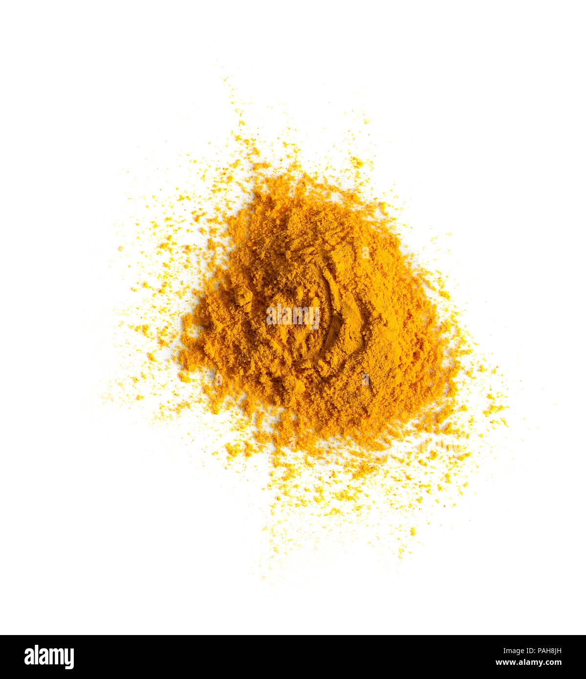 Turmeric (Curcuma) powder pile isolated on white background, top view ...