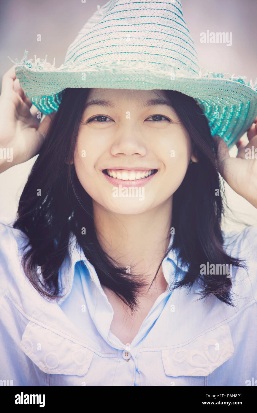 woman wearing straw hat toothy smiling face happiness emotion Stock ... woman wearing straw hat toothy smiling face happiness emotion Stock ...