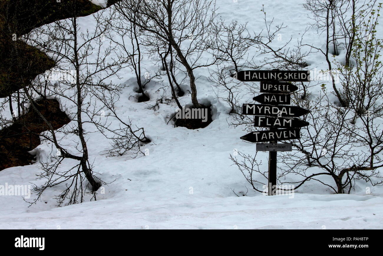 Signpost on a road covered in snow image with copy space in landscape ...
