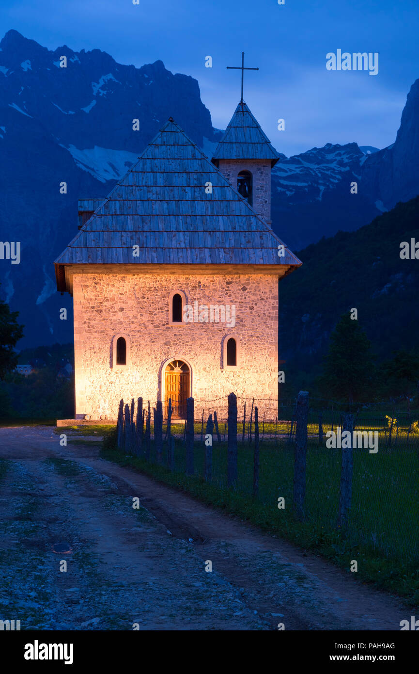 Catholic Church at night, Thethi village, Thethi valley, Albania Stock ...