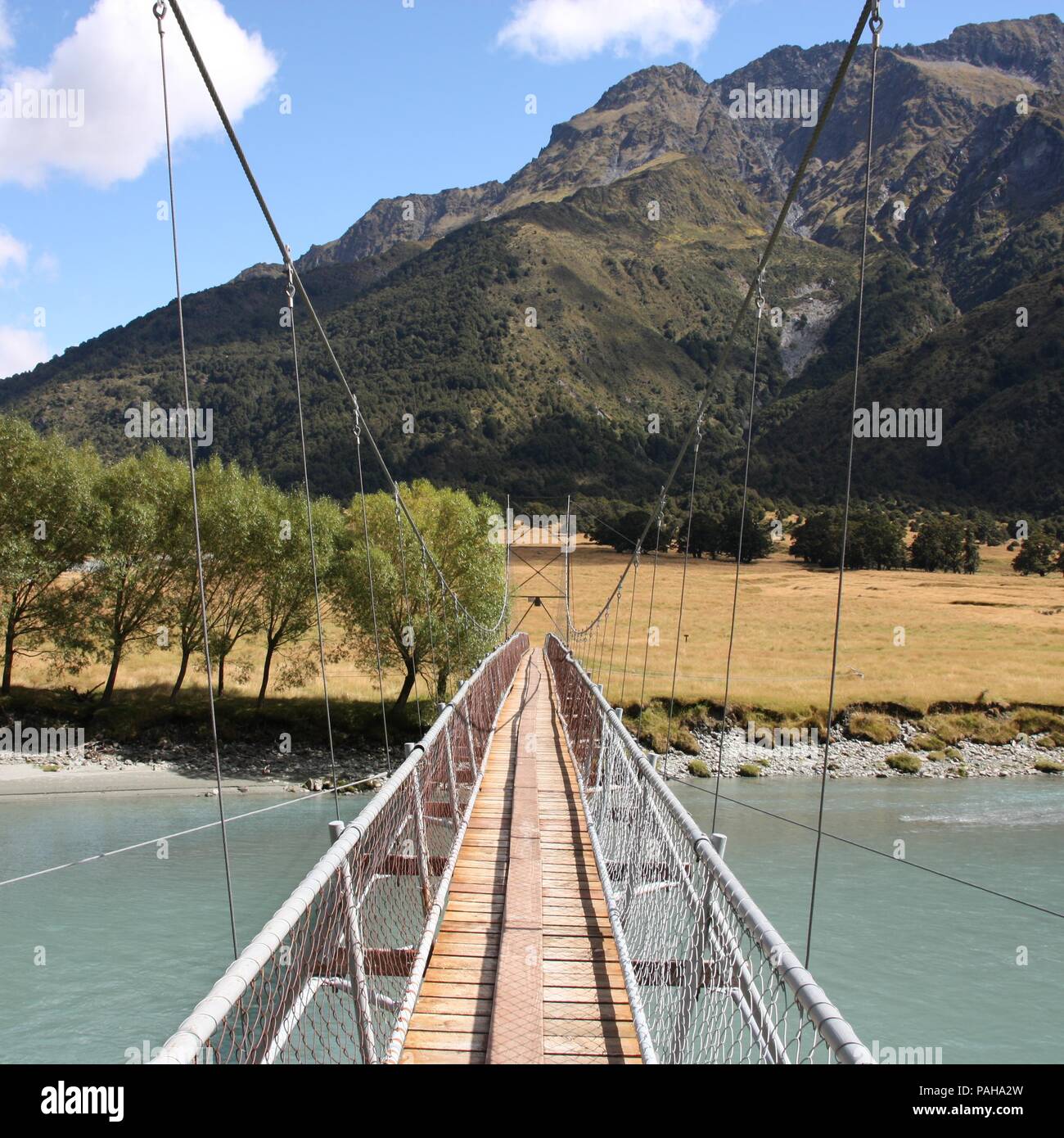 New Zealand. Suspended wire bridge - river crossing on a tourist trail ...