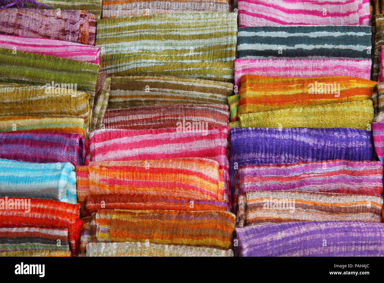 Colorful scarves - Japanese handicraft at a market stall in Kyoto ...