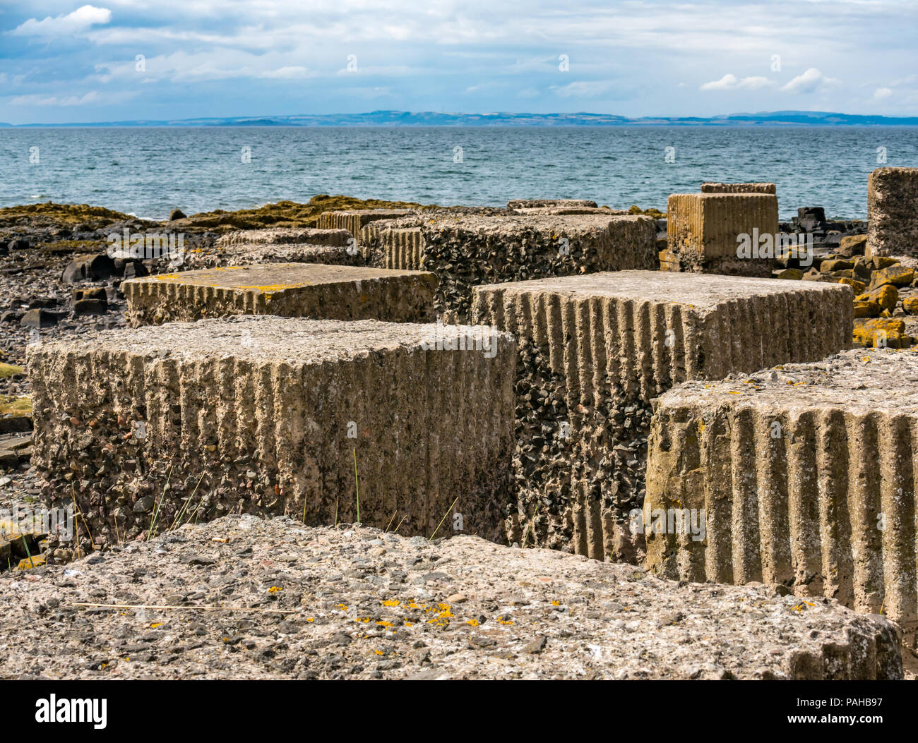 Rows of Word war II anti tank concrete blocks on beach, Longniddry ...