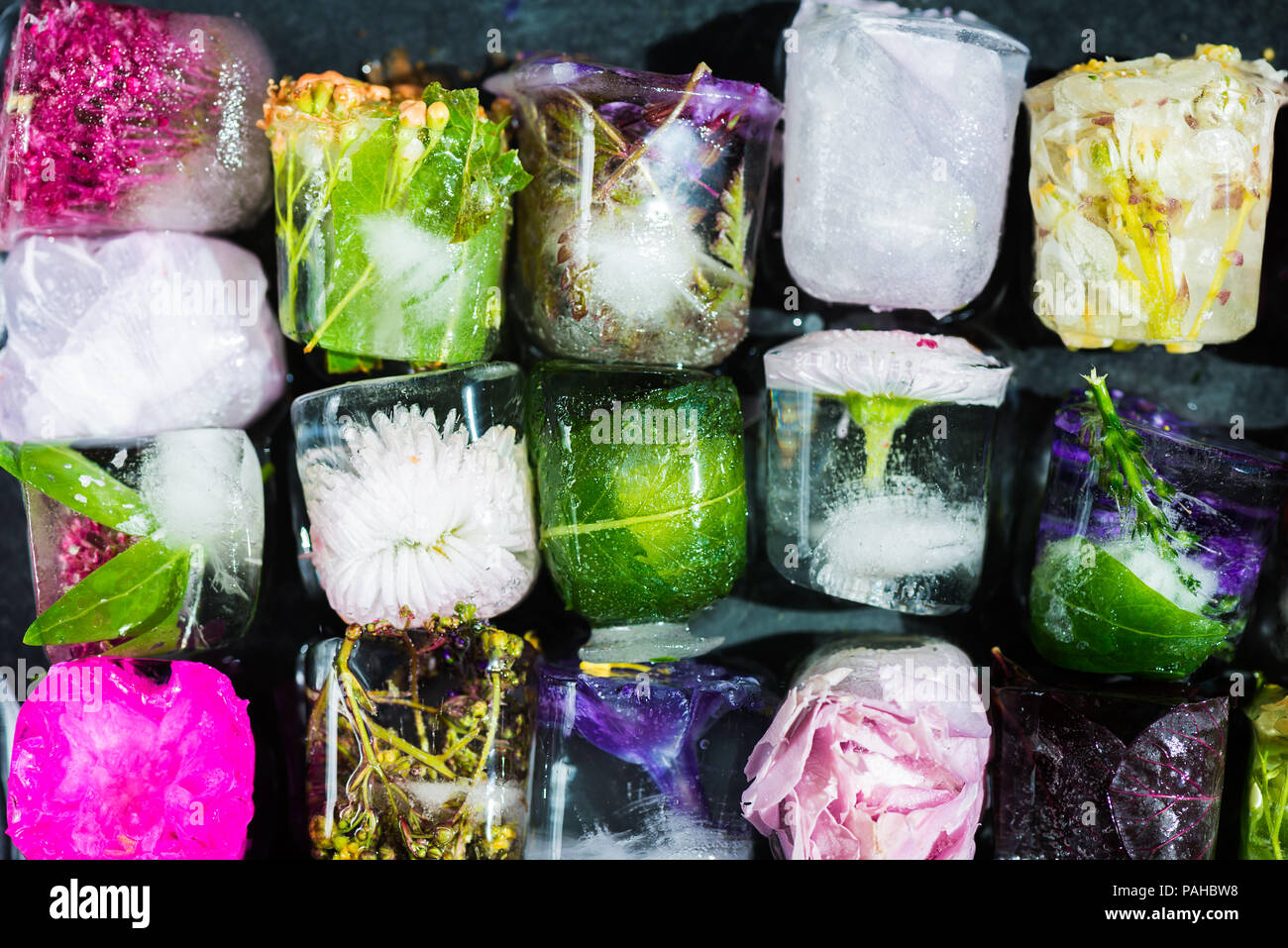 Frozen Spring Flowers in Ice Cubes on Dark Background Stock Photo - Alamy