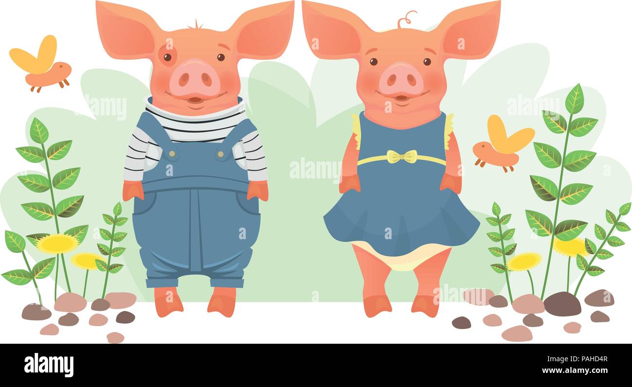 Concept of friendship and love. Two pigs in clothes. Vector ...