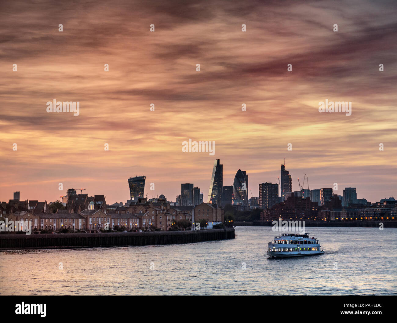 London Financial City vista skyline viewed from Canary Wharf with river ...