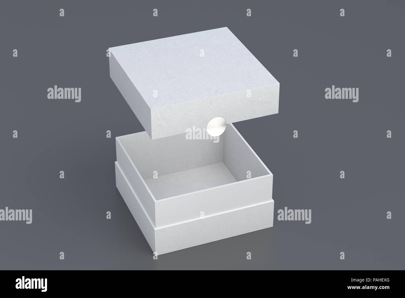Opened white empty square box with cover flying above box on gray ...