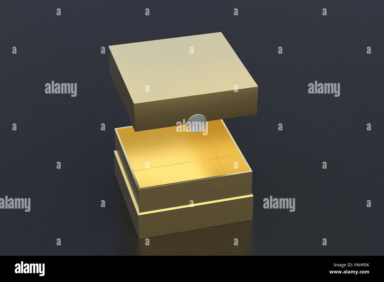 Opened gold empty square box with cover flying above box on dark ...