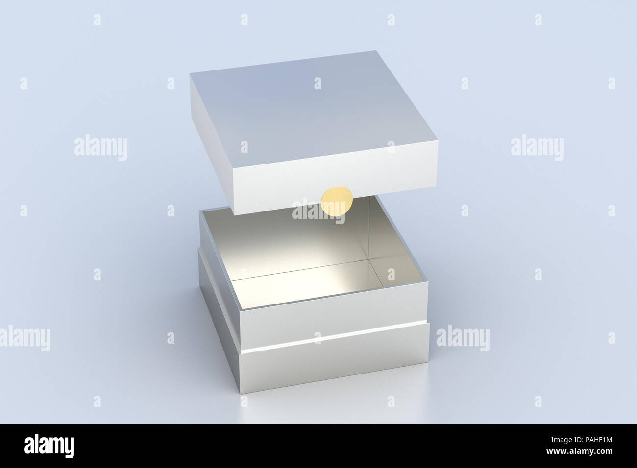 Opened silver empty square box with cover flying above box on white ...