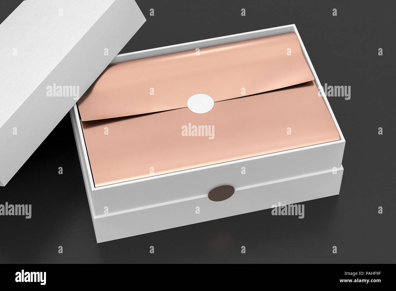 Opened long box with copper wrapping paper on dark background. 3d ...