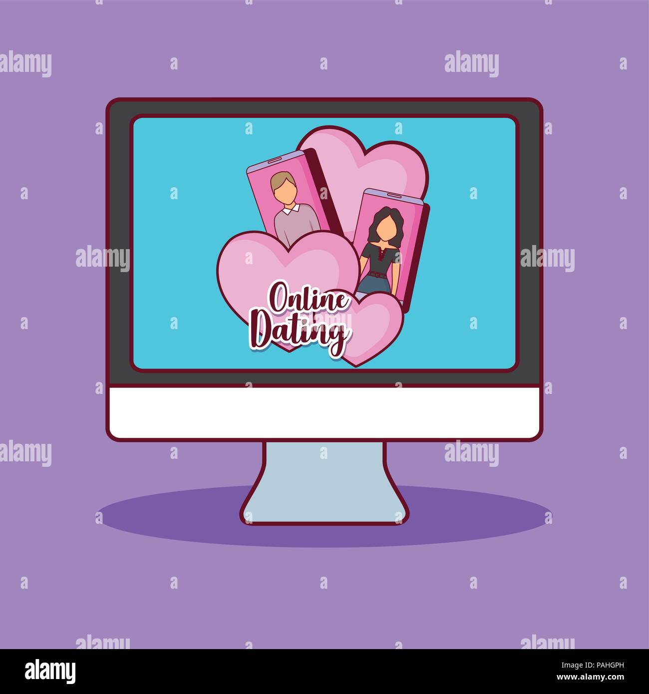 Online dating design with computer and cellphones over purple ...