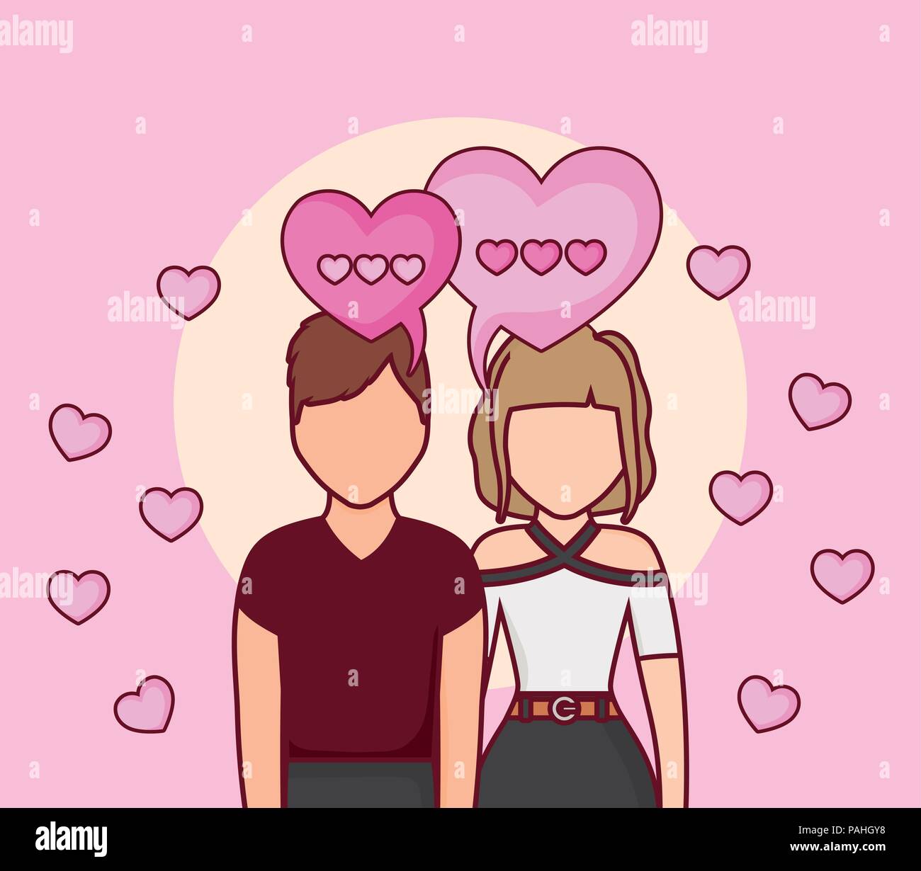 Online dating design with avatar couple and hearts around over pink ...