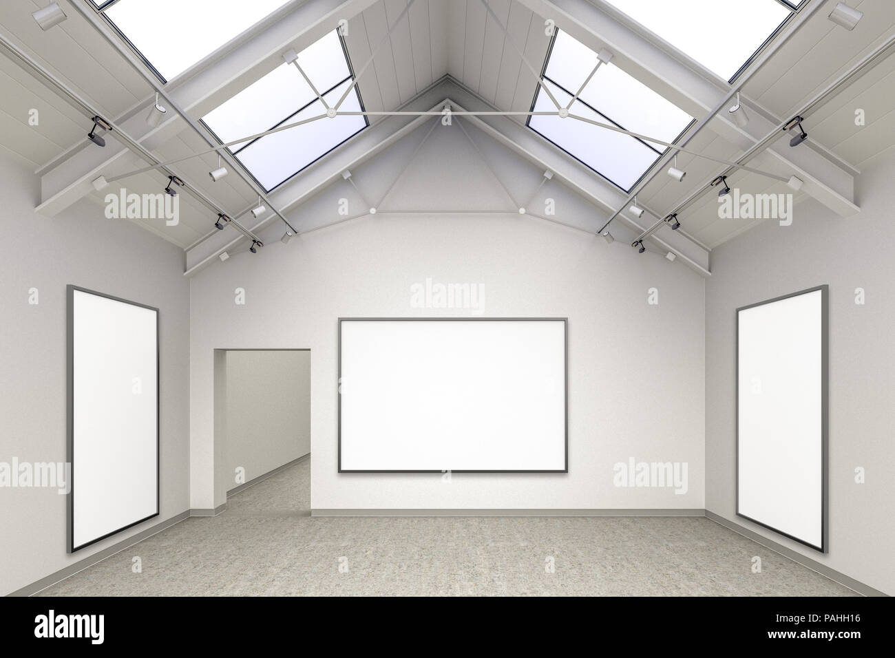 Empty gallery interior with blank exhibition banners mockup. 3d ...