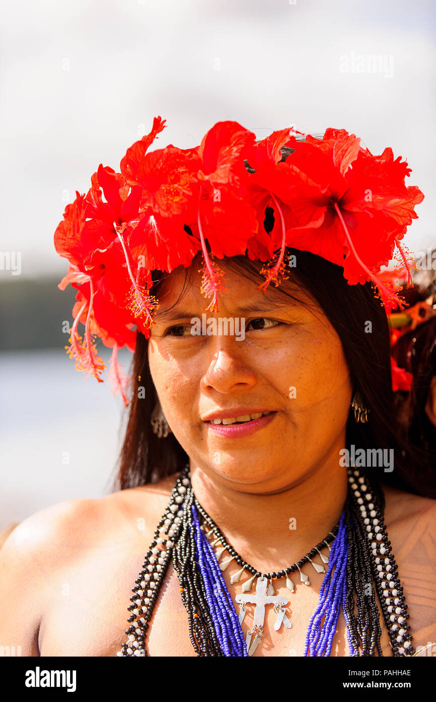 EMBERA VILLAGE, PANAMA, JANUARY 9, 2012: Portrait of an unidentified ...