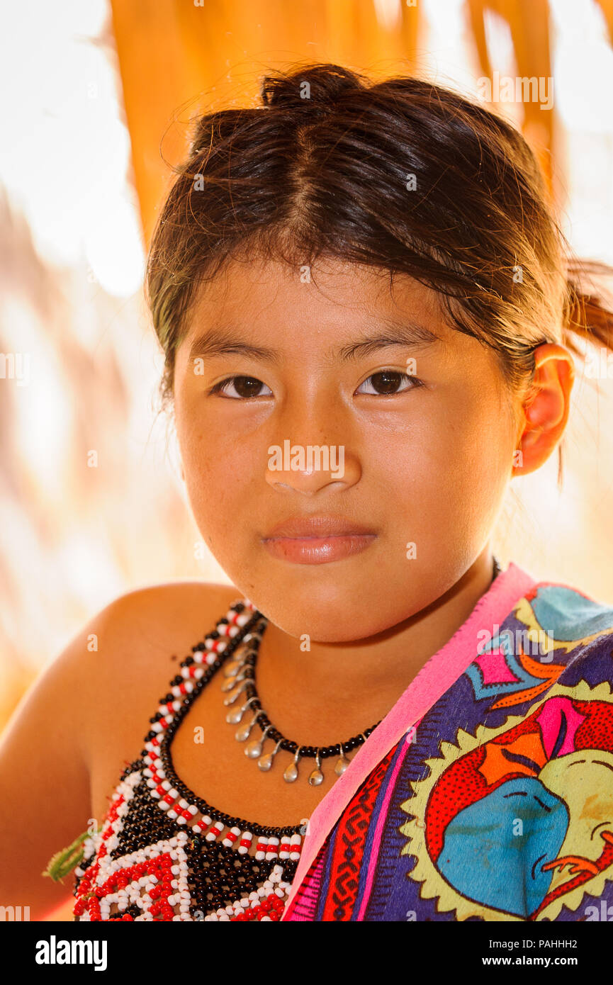EMBERA VILLAGE, PANAMA, JANUARY 9, 2012: Portrait of an unidentified ...