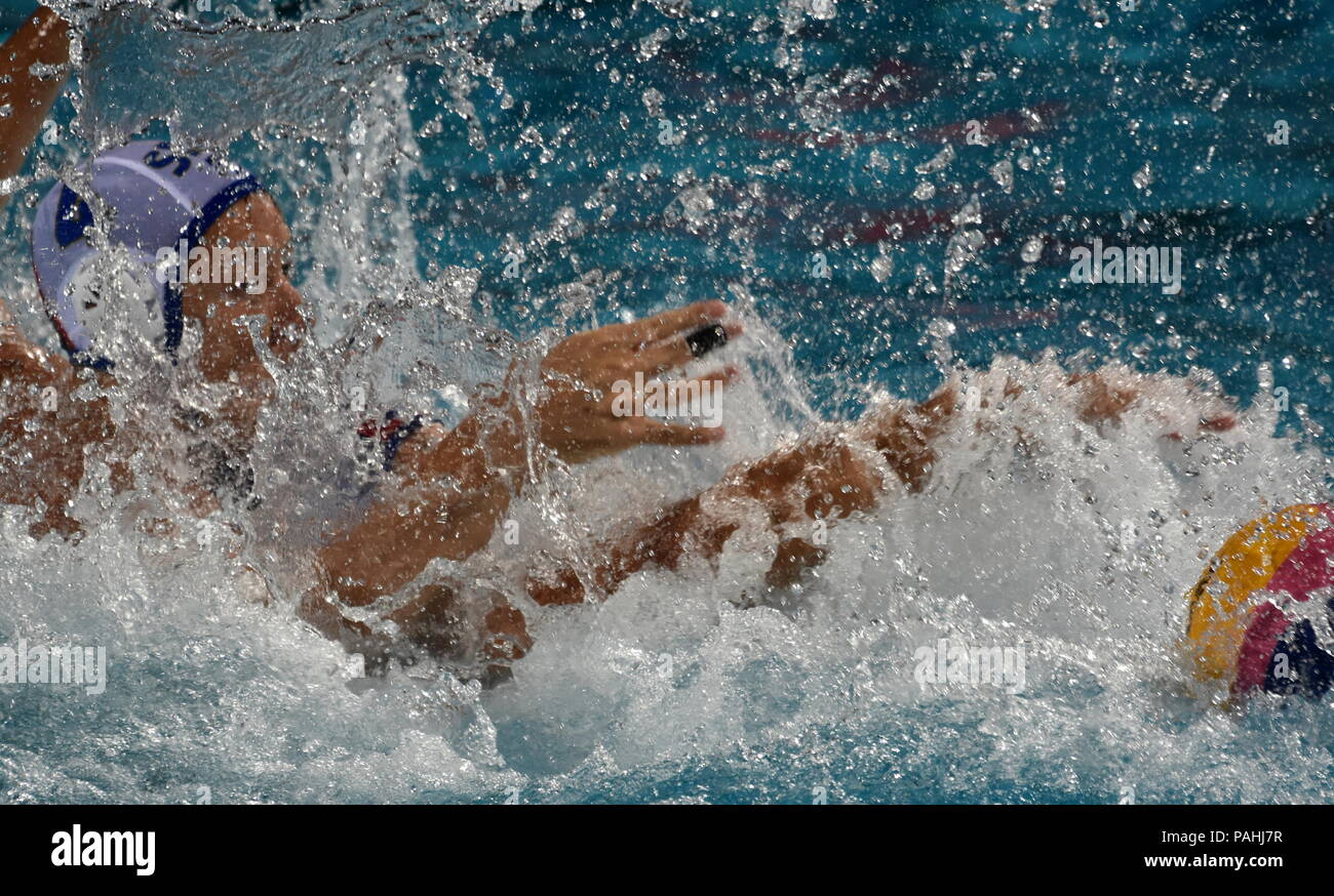 Heads and a splash of water on a waterpolo match Stock Photo - Alamy