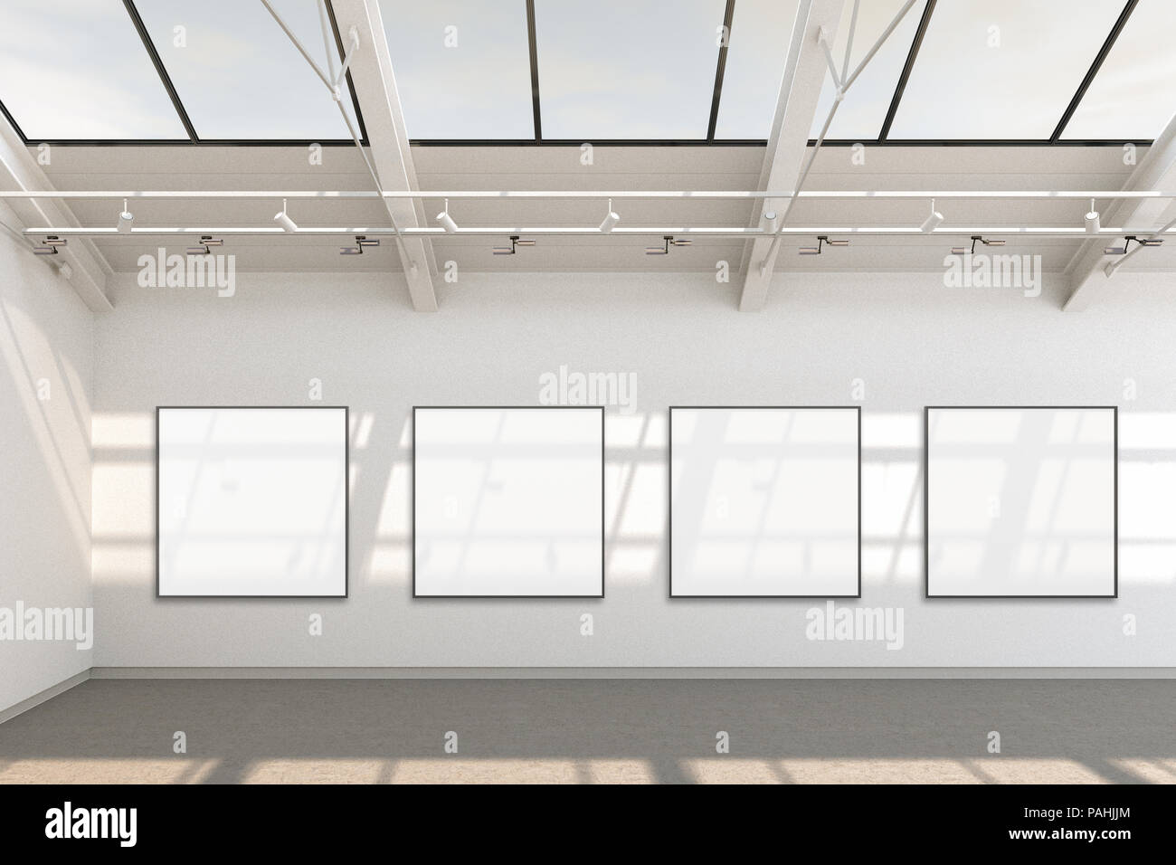 Empty gallery interior with four blank square posters with clipping ...